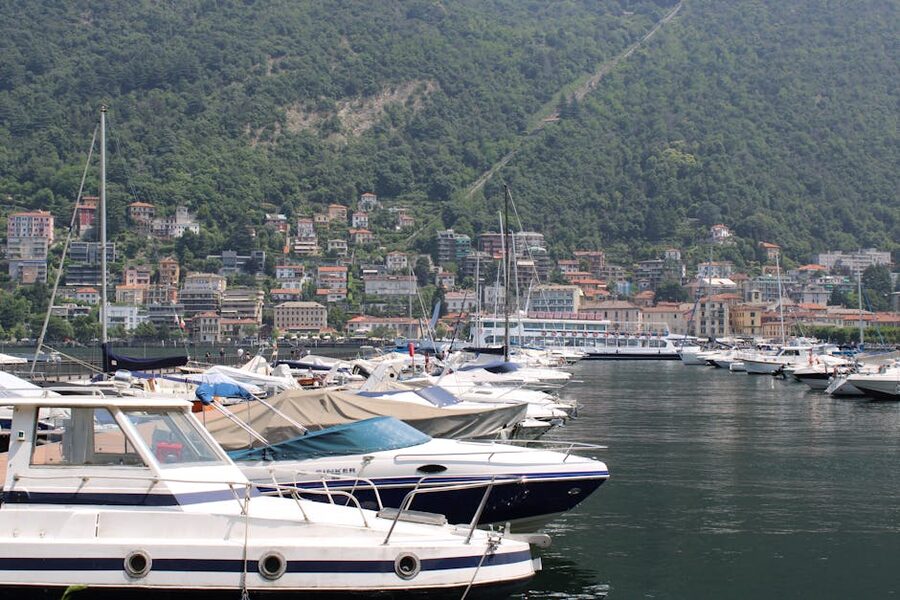 Lake Como docked boats at lakeside