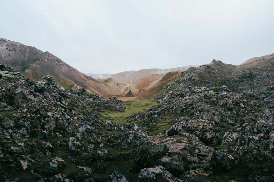 Colorful mountain peaks in Landmannalaugar seen from the hiking trail