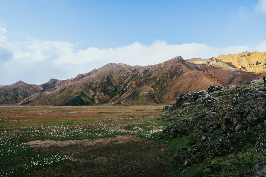 Rhyolite mountains in Landmannalaugar Iceland highlands with red and green mineral colors
