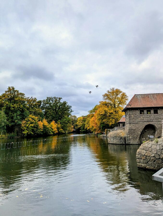 Autumn river scene with colorful foliage and historic building in Leipzig