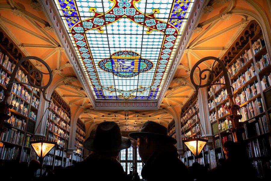 Livraria Lello stained glass ceiling view