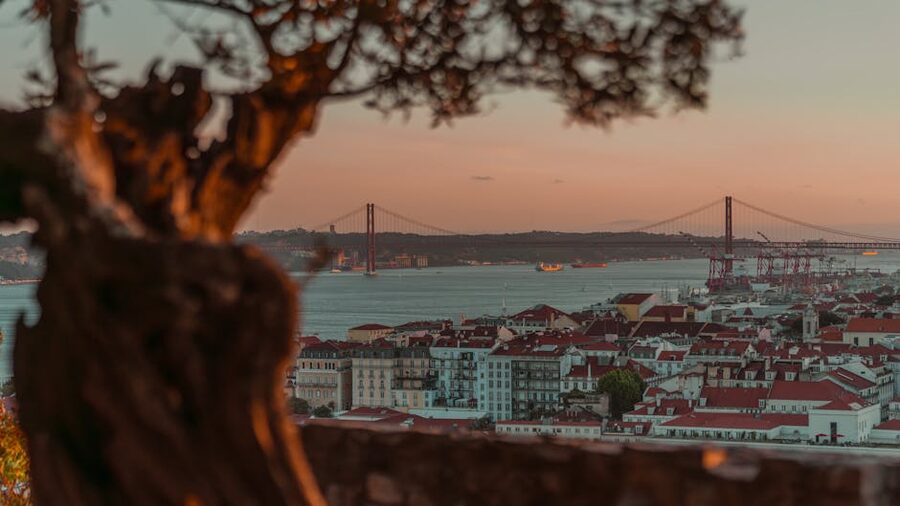 Lisbon cityscape with the 25 de Abril Bridge at sunset
