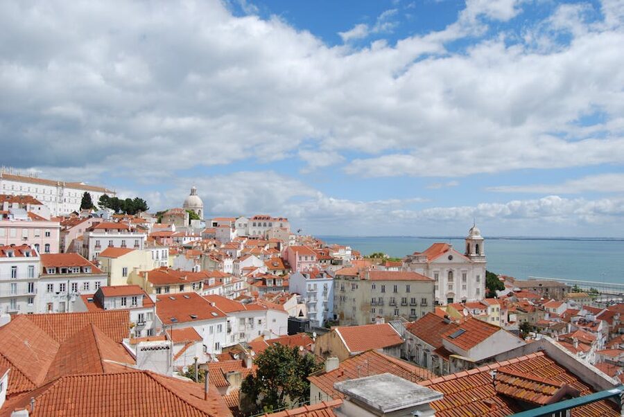 Panoramic view of Alfama red roofs in Lisbon