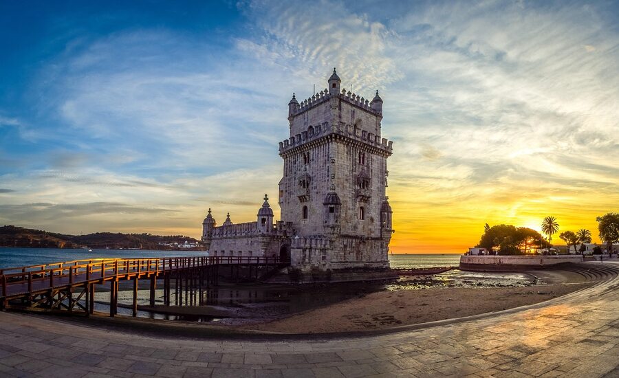 Belem Tower at sunset on the Tagus River in Lisbon