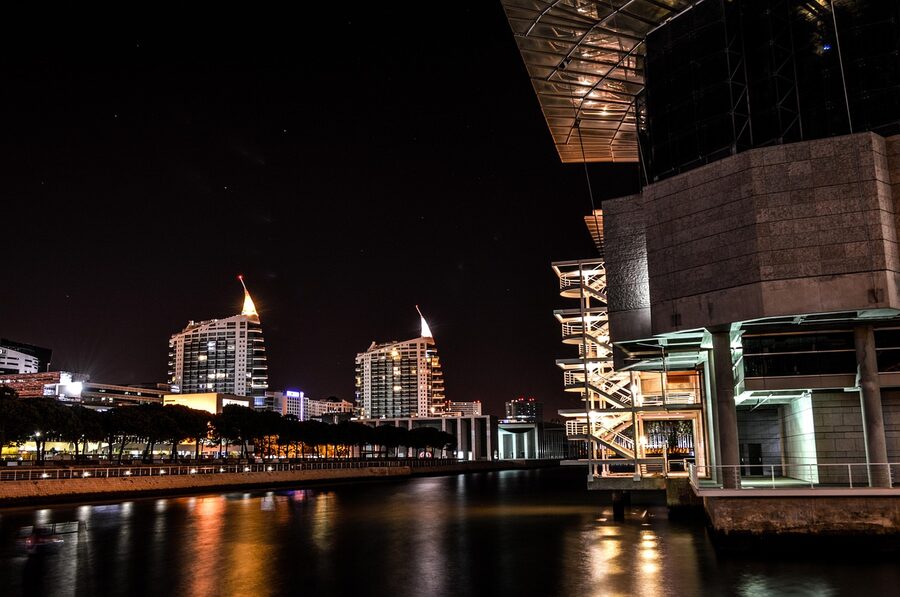 Parque das Nações at night with Vasco da Gama tower