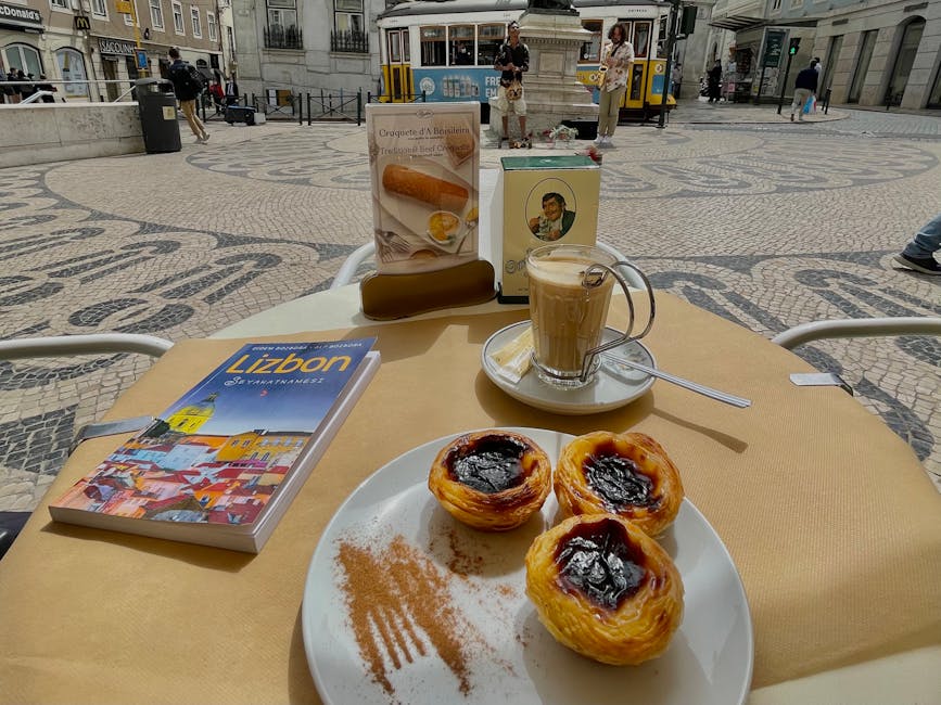 Pastéis de nata and coffee in a Lisbon café with tram visible