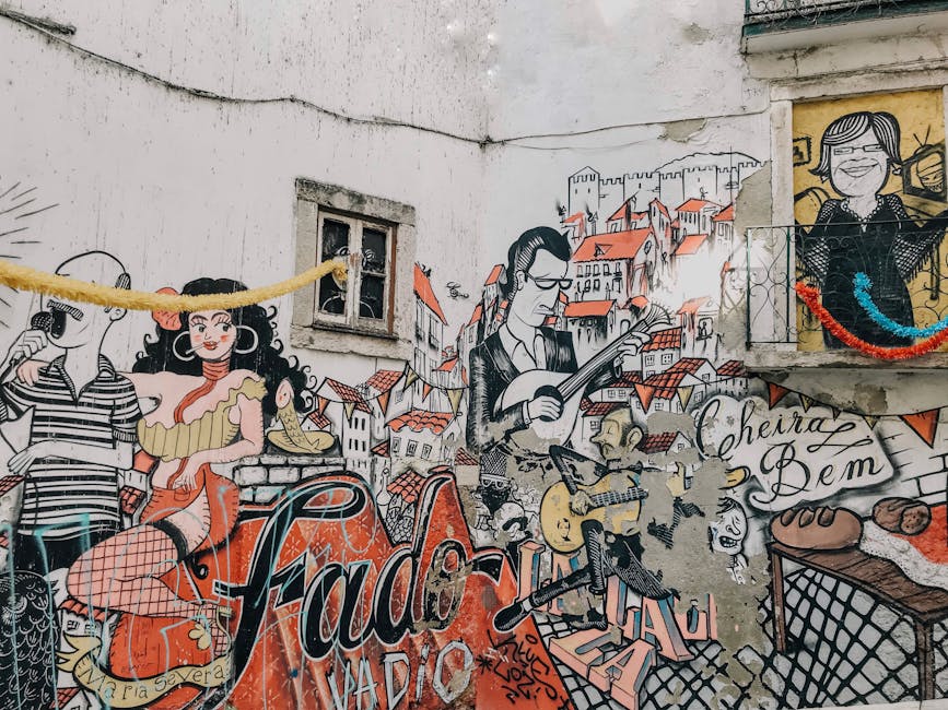 Street art mural celebrating fado music in Alfama Lisbon
