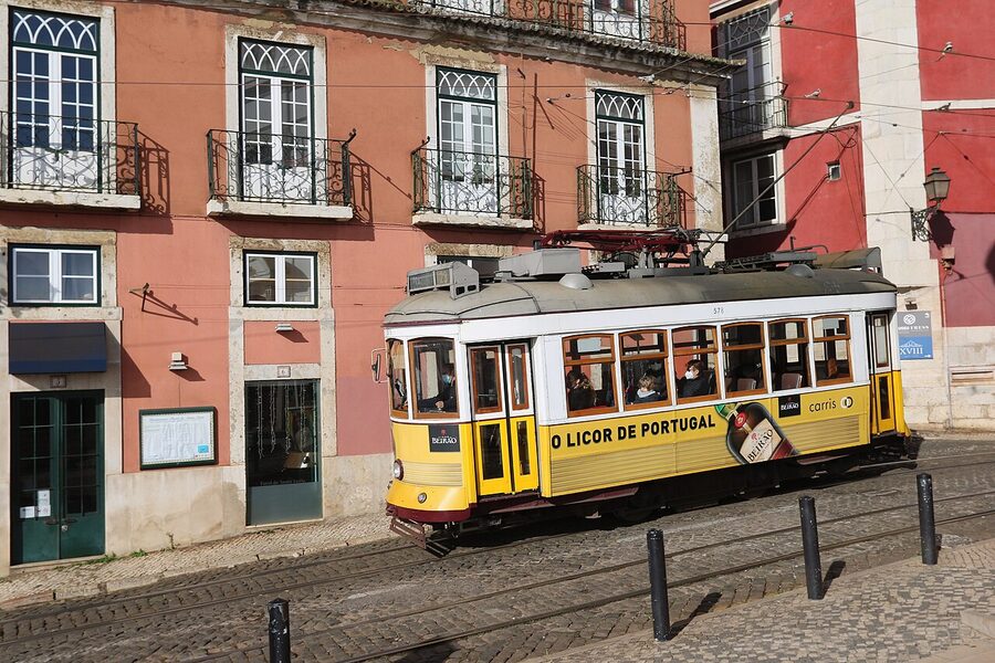 Yellow Lisbon tram 28 in Largo de Santa Luzia in Alfama