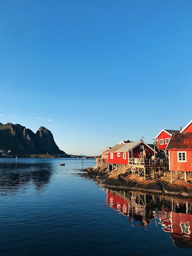 Red houses by the sea in the Lofoten Islands