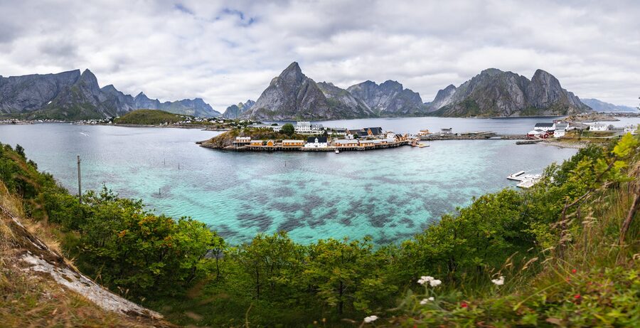 Panoramic view of Reine village with turquoise water and dramatic peaks