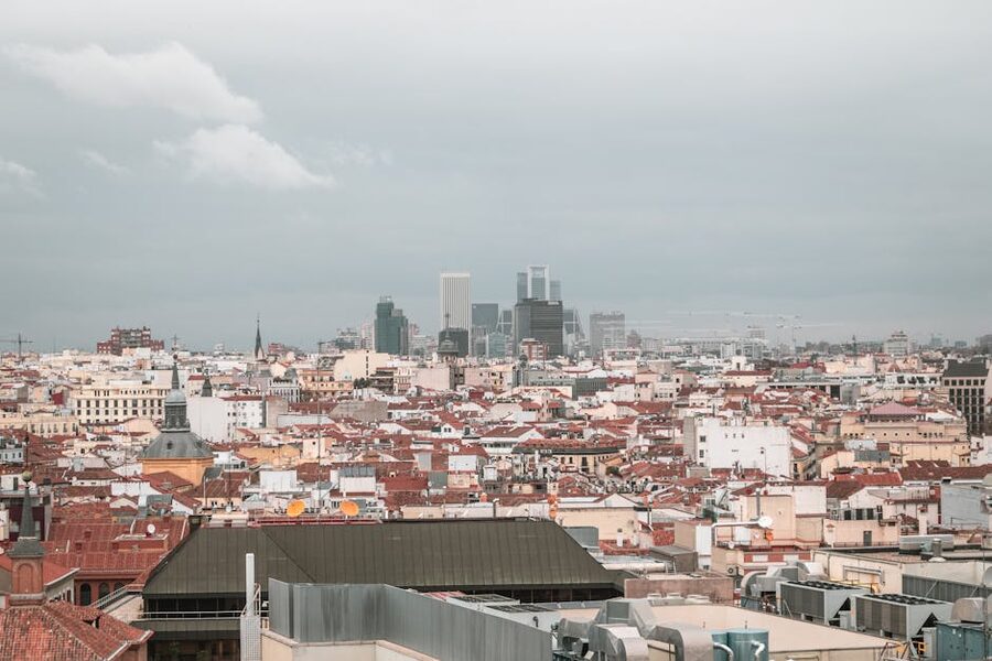 Aerial view of Madrid skyline and urban fabric