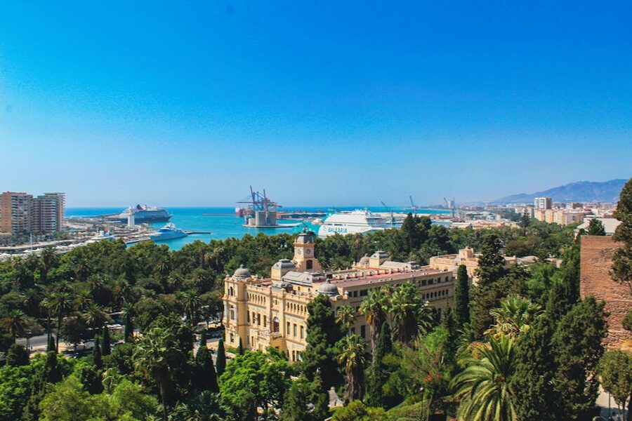 Aerial view of Málaga port and cityscape