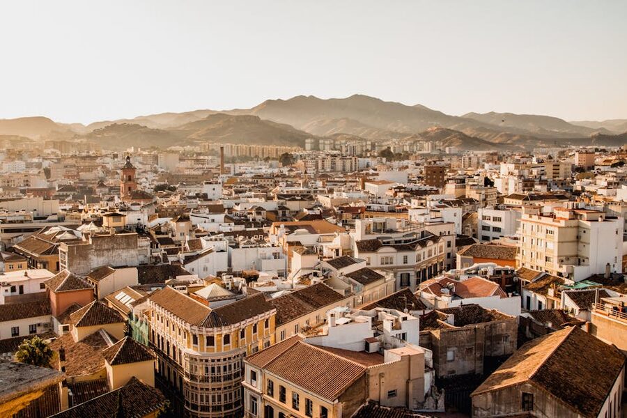 Aerial view of Malaga city at sunset