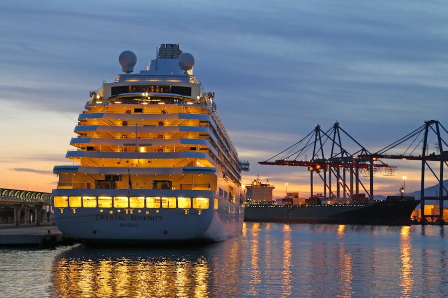 Cruise ship in Malaga harbour at sunset