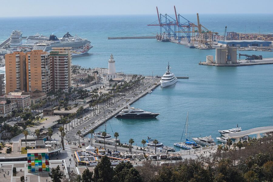Malaga skyline and port view