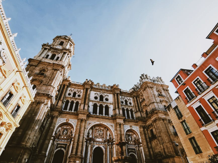 Malaga Cathedral facade in old town