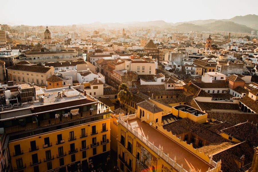 Malaga historic cityscape at sunset