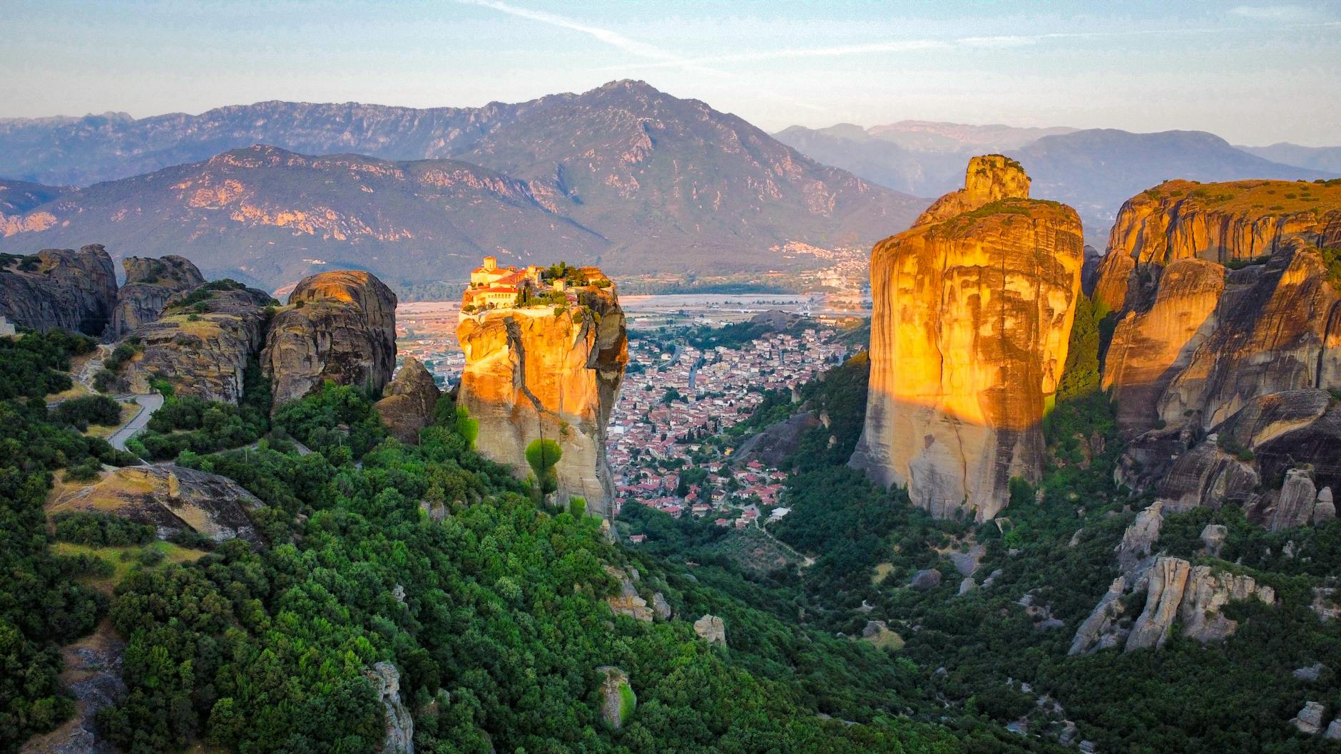Aerial view of the six Meteora monasteries on rock pillars