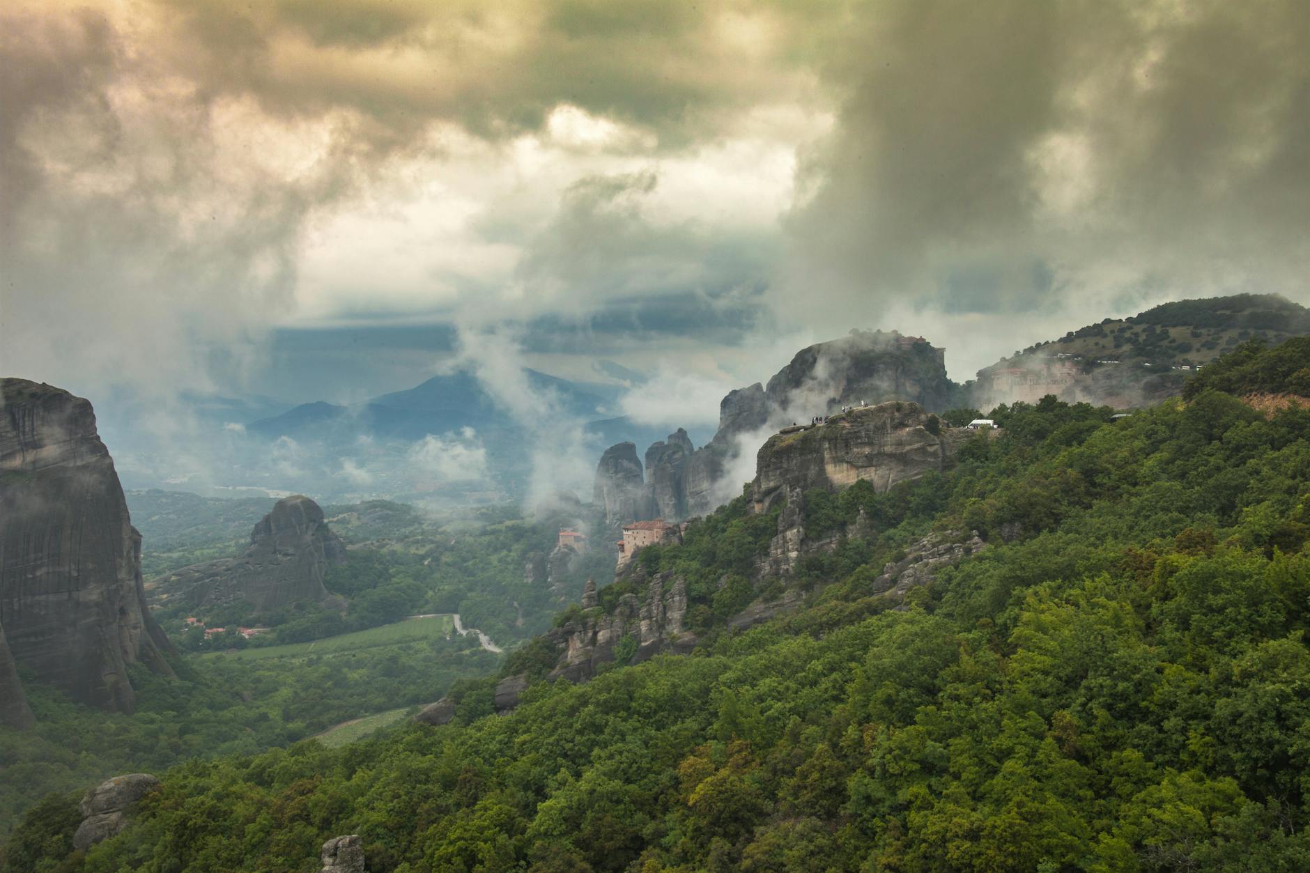 Aerial view of Meteora rock formations and greenery
