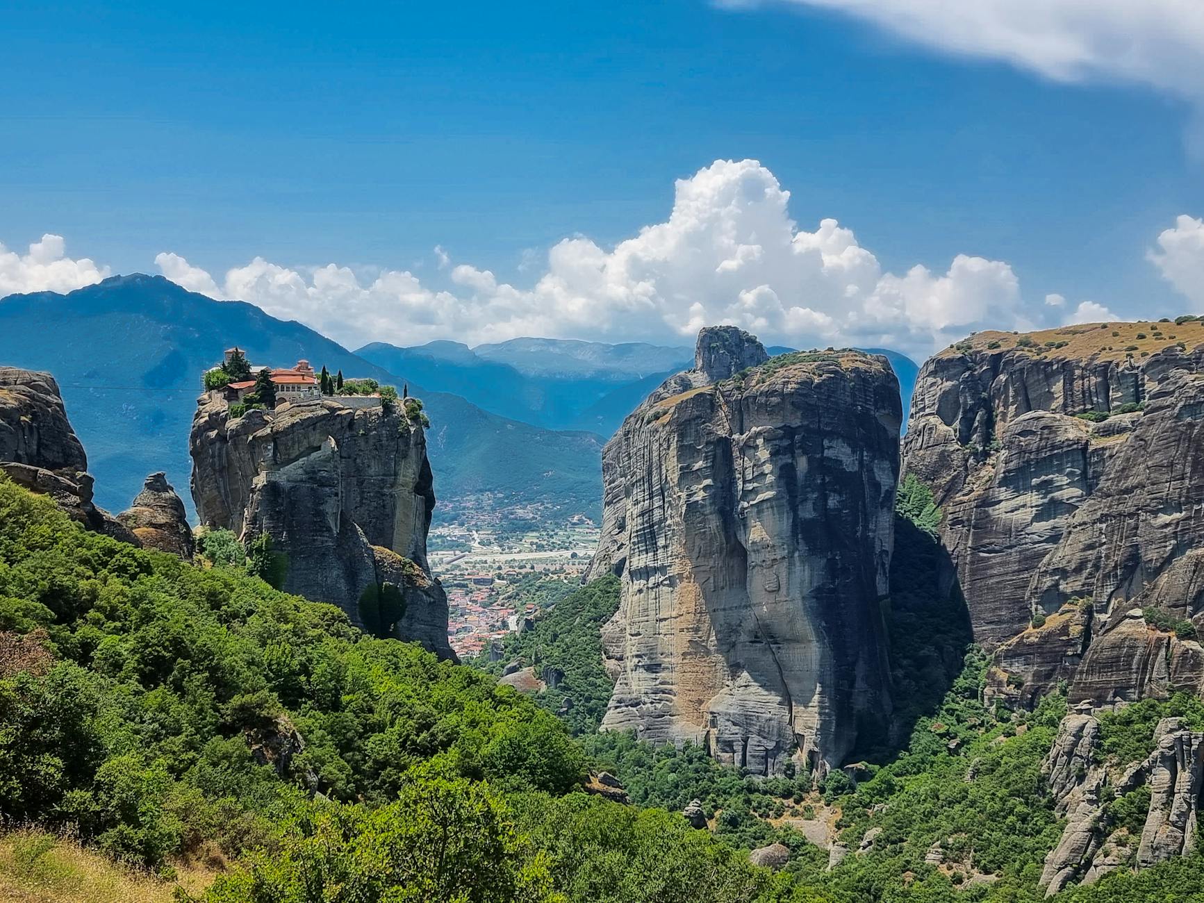 Aerial view of Meteora rock formations from above