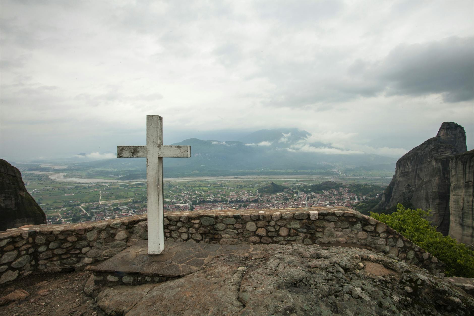 Cross overlooking the Meteora landscape near Kalambaka