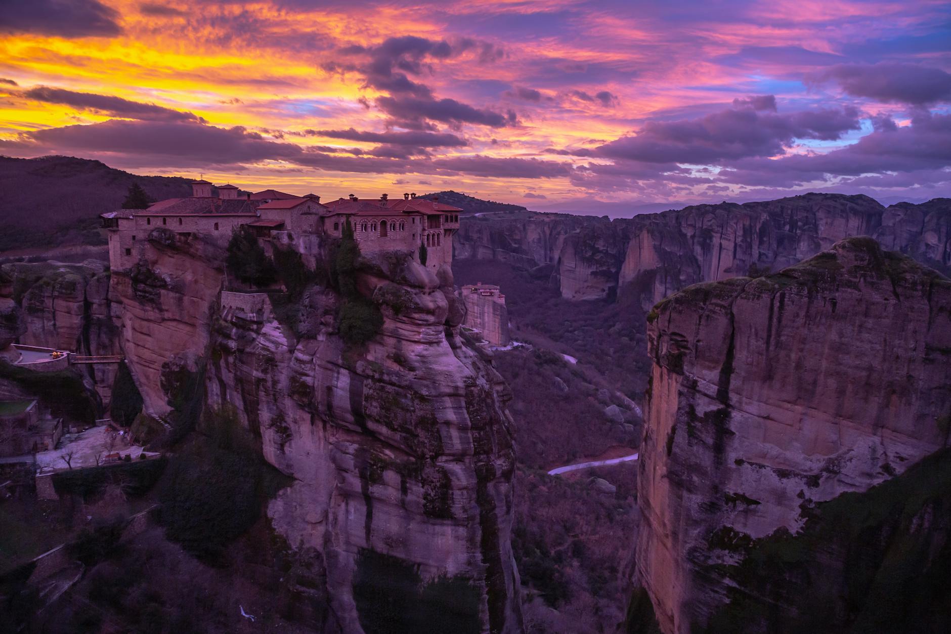 Morning light over the Meteora rocks near Kalambaka