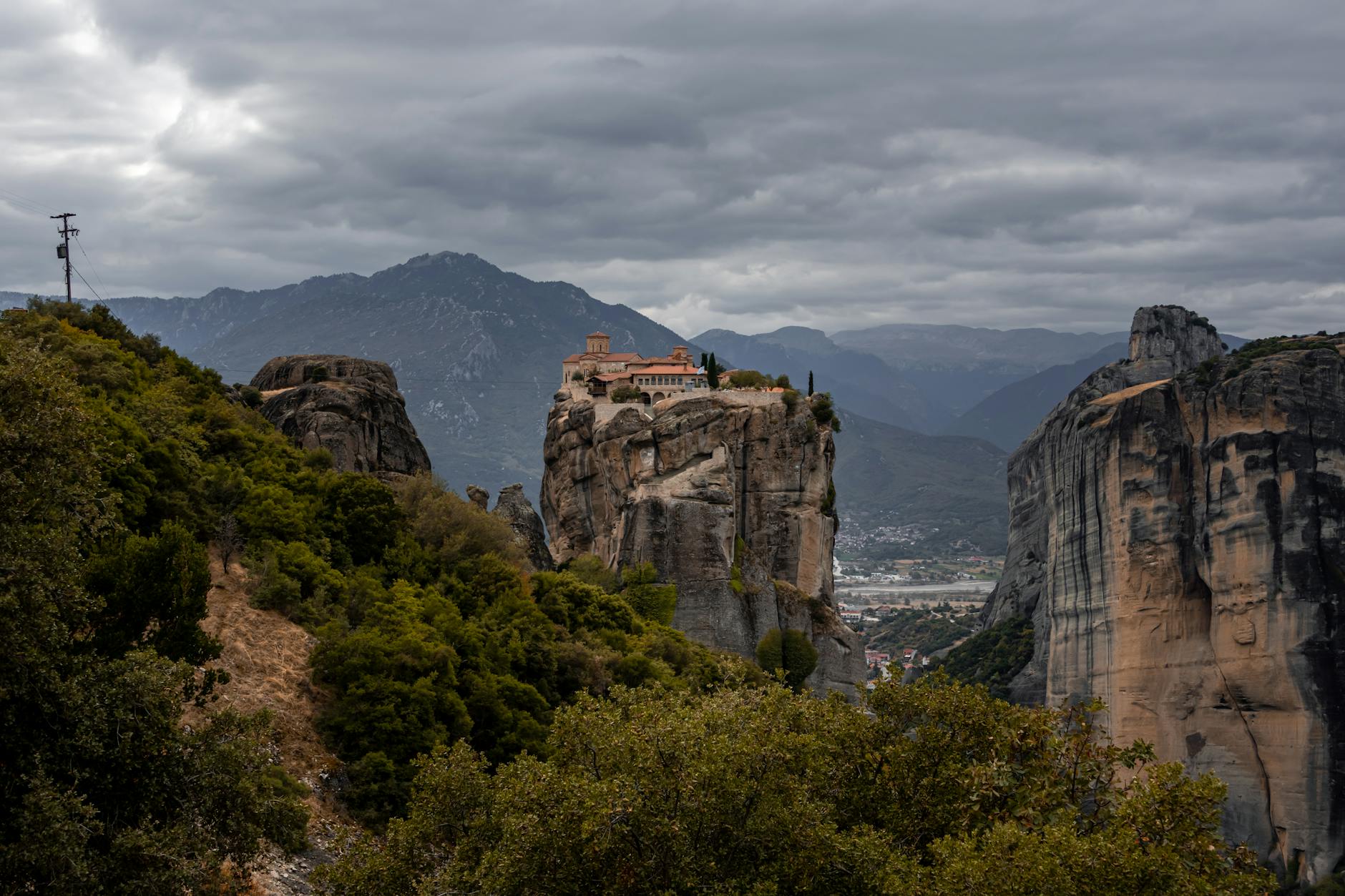 Scenic view of Meteora monasteries on rock formations in Greece