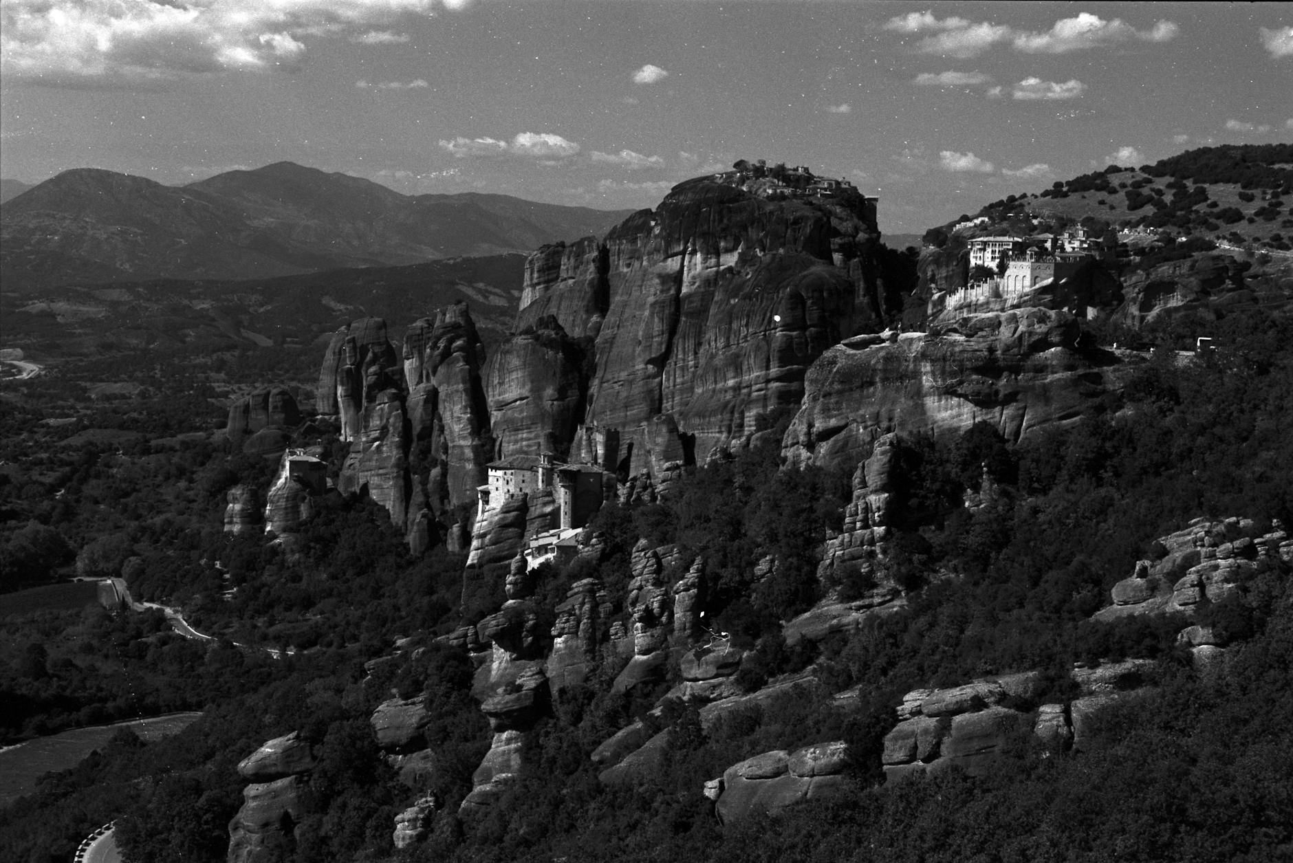 Meteora UNESCO world heritage site in Greece in black and white