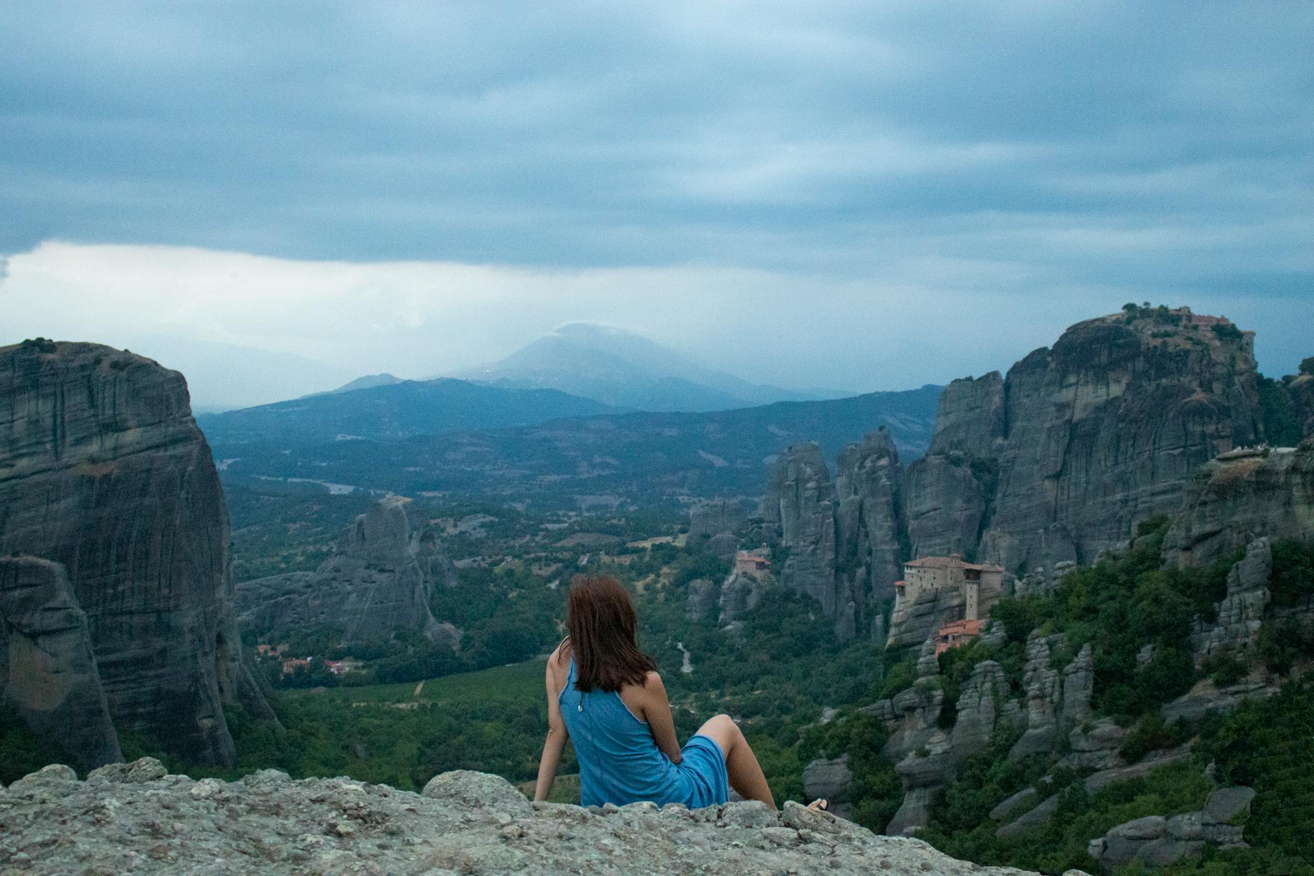 Meteora viewpoint overlooking monasteries and Greek countryside