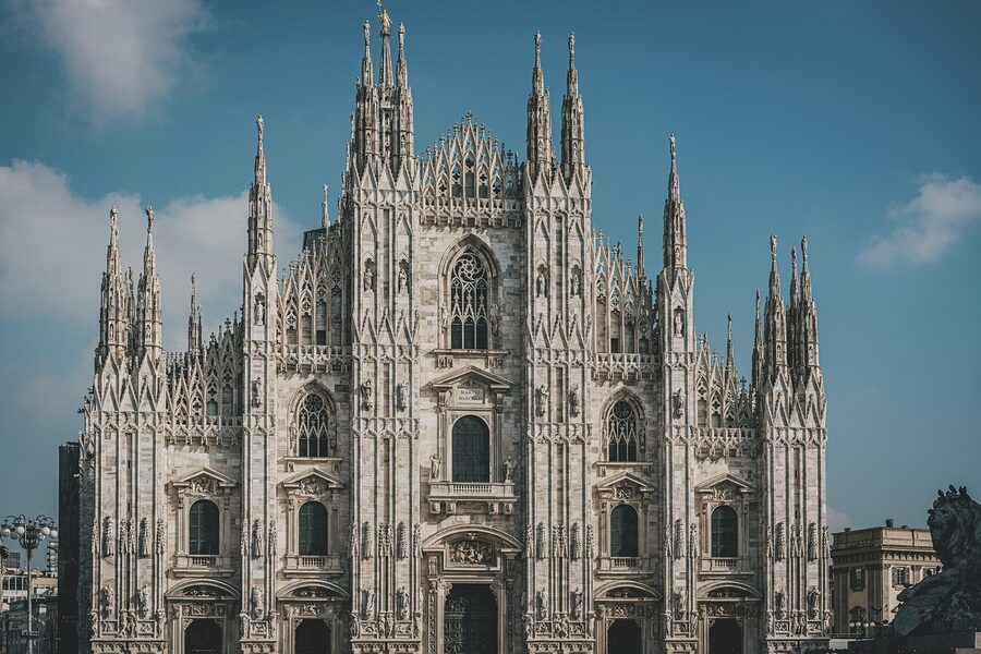Milan Cathedral facade showing Gothic church architecture
