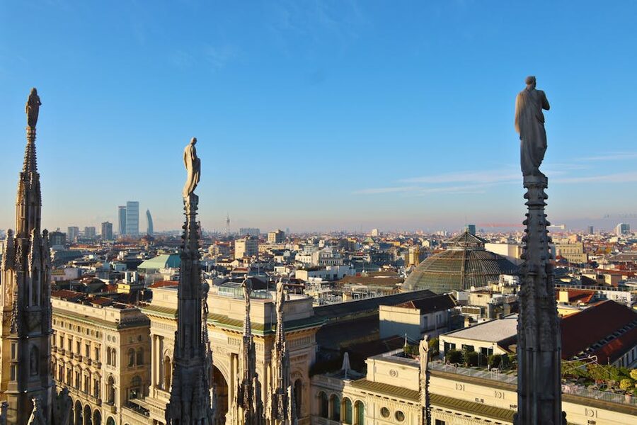 Milan cityscape seen from the Duomo rooftop on a clear day