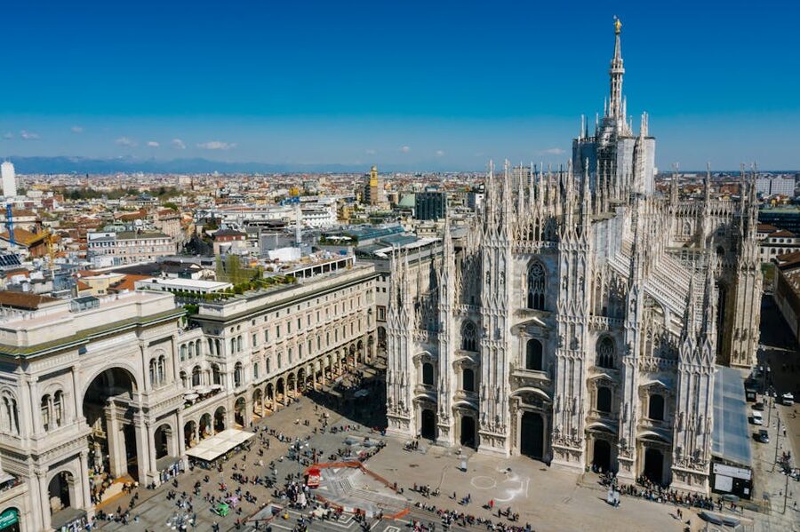 Aerial view of Milan Duomo against city backdrop