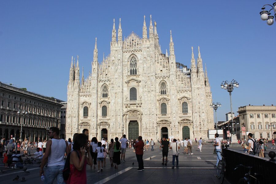 Milan Duomo piazza with Madonnina monument