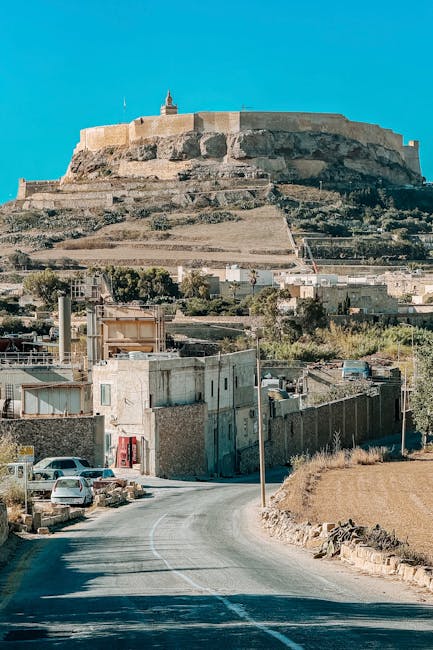 The Citadella fortress in Victoria, Gozo, rising above the town under blue sky