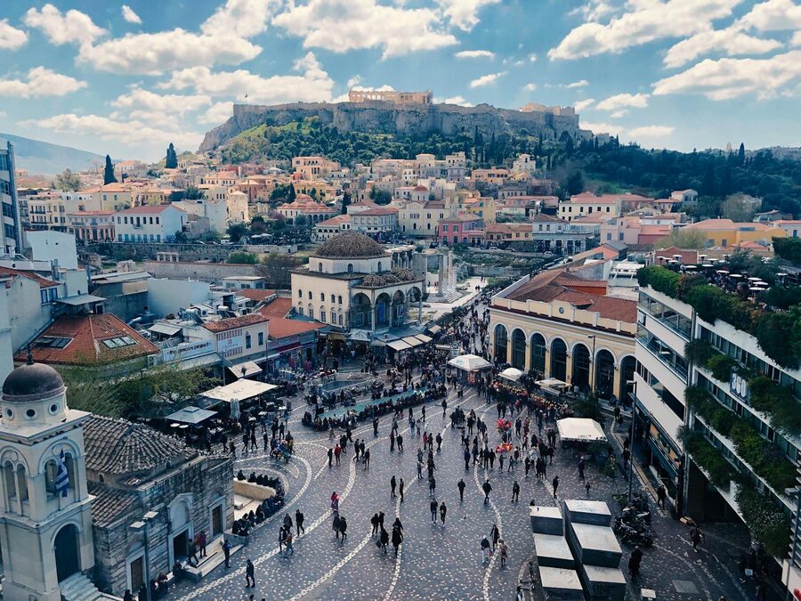 Aerial view of Monastiraki Square in Athens packed with people and shops