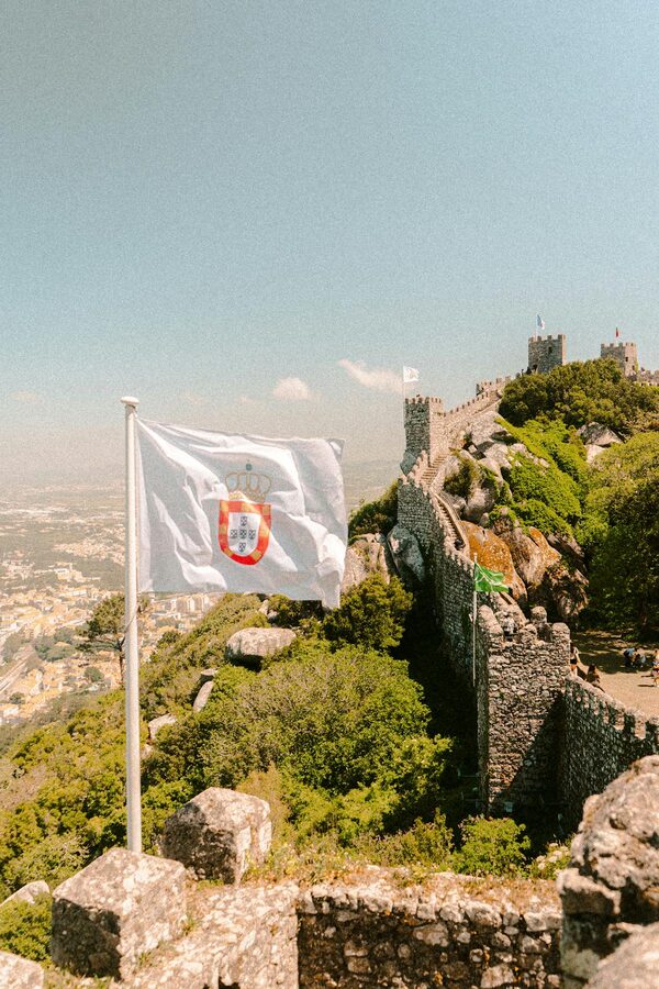 Ancient castle walls and battlements of the Castle of the Moors in Sintra Portugal