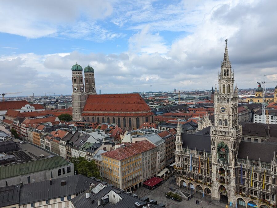 Aerial view of Marienplatz square and surrounding buildings in Munich