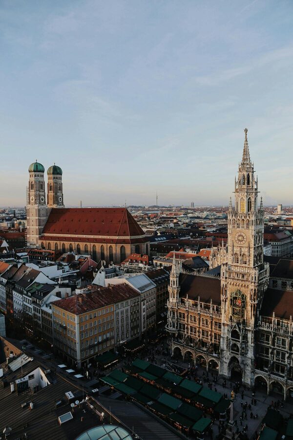 Aerial view of Munich's New Town Hall and Marienplatz from above