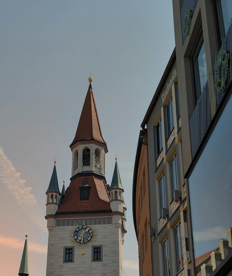 Munich historic architecture bathed in warm sunset light
