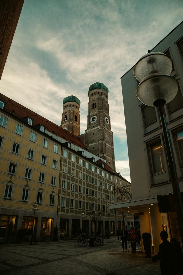 Twin towers of the Frauenkirche church at dusk in Munich
