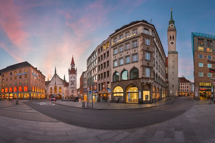 Crowds gathered in Marienplatz square with the New Town Hall in the background