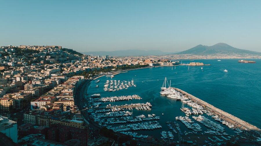 Naples harbor aerial view with boats