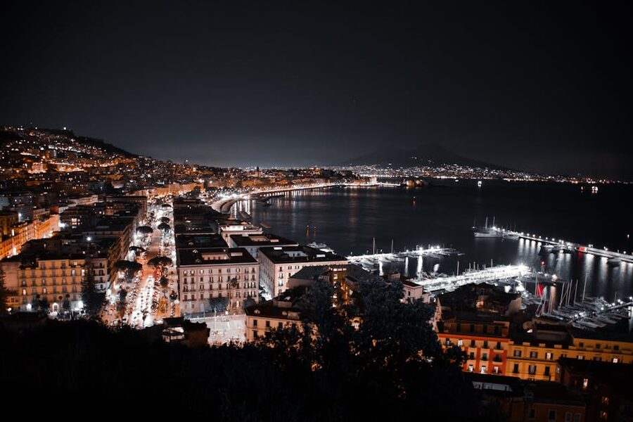 Naples nighttime aerial coast view