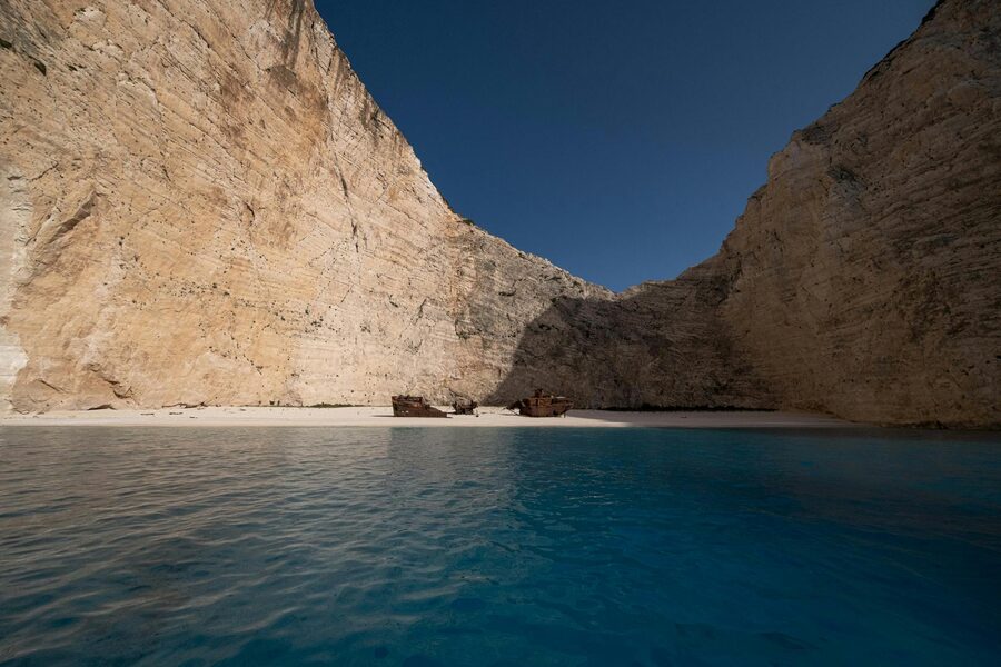Navagio Beach with its famous shipwreck and towering cliffs, Zakynthos