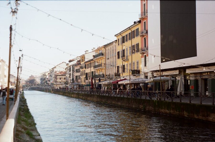 Navigli street with canal and shops