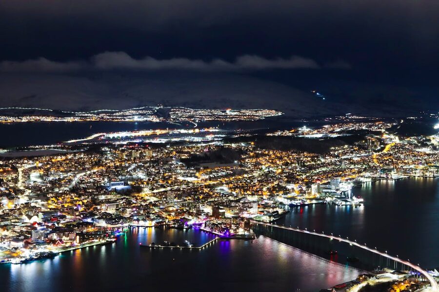 Snowy Arctic town in winter twilight