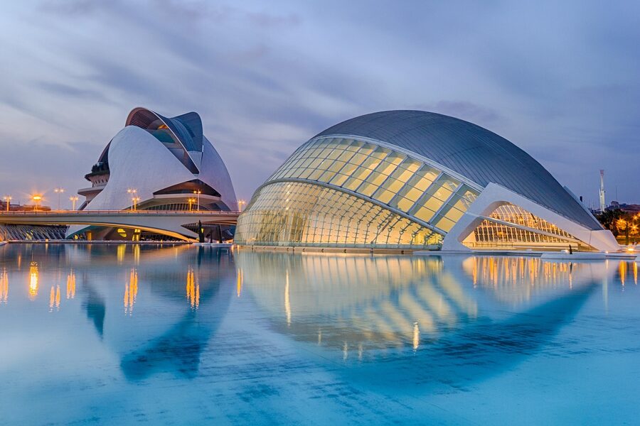 Valencia City of Arts and Sciences at sunset showing Calatrava architecture
