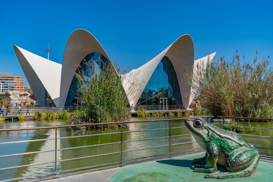Sculptural frog near the Submarino restaurant at Oceanografic Valencia