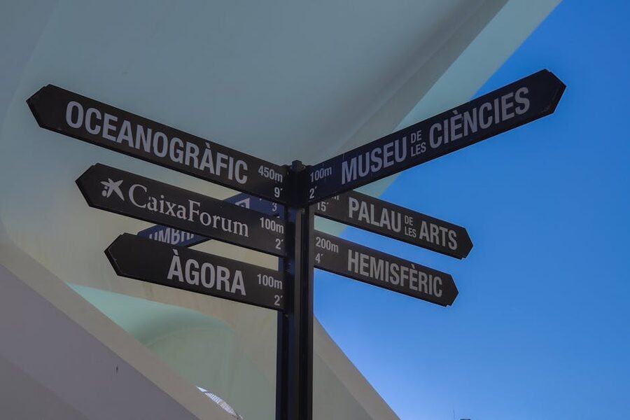Signpost at Valencia City of Arts and Sciences showing venues