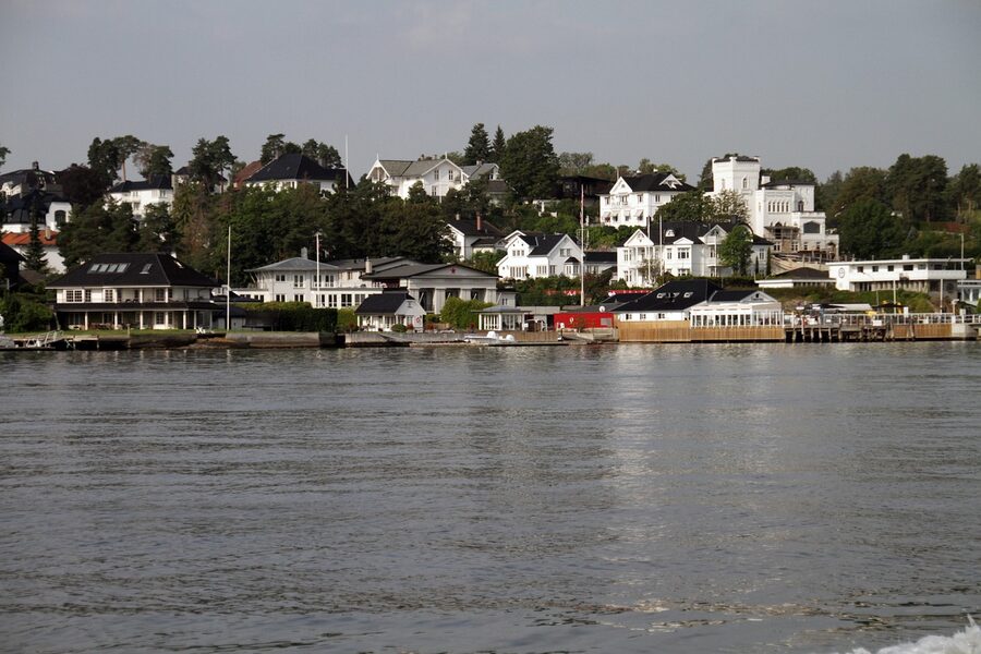 Traditional Norwegian houses along the Oslofjord with typical architecture